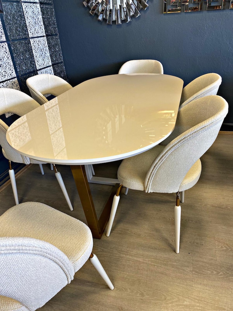Elegant Glossy White Oval Dining Table Set With Six Light-colored ...