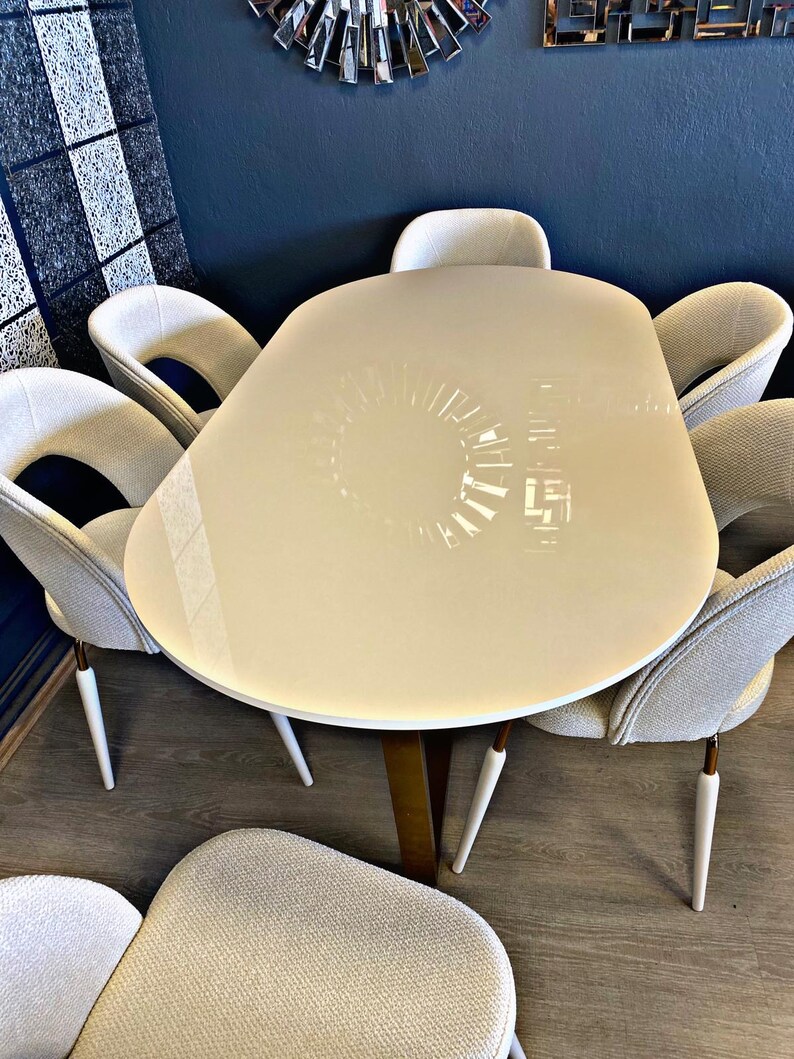 Elegant Glossy White Oval Dining Table Set With Six Light-colored ...