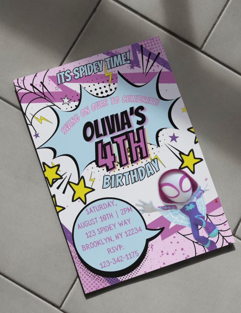Spidey Gwen Birthday Invite, Editable Ghost Spider Theme, Cute Spider ...