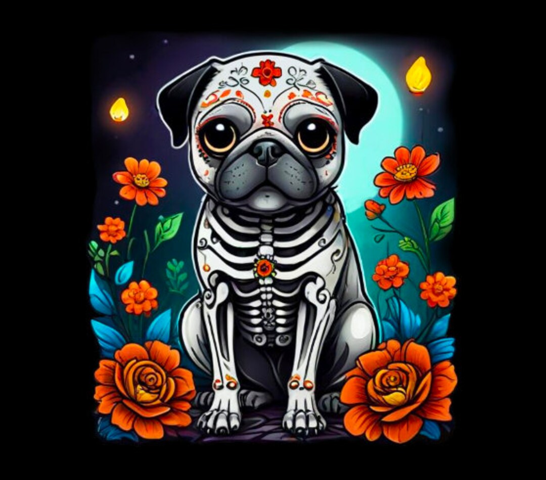 Moonlight Sugar Skull Pug Tumbler Wrap 20oz Skinny Tumbler Design PNG ...