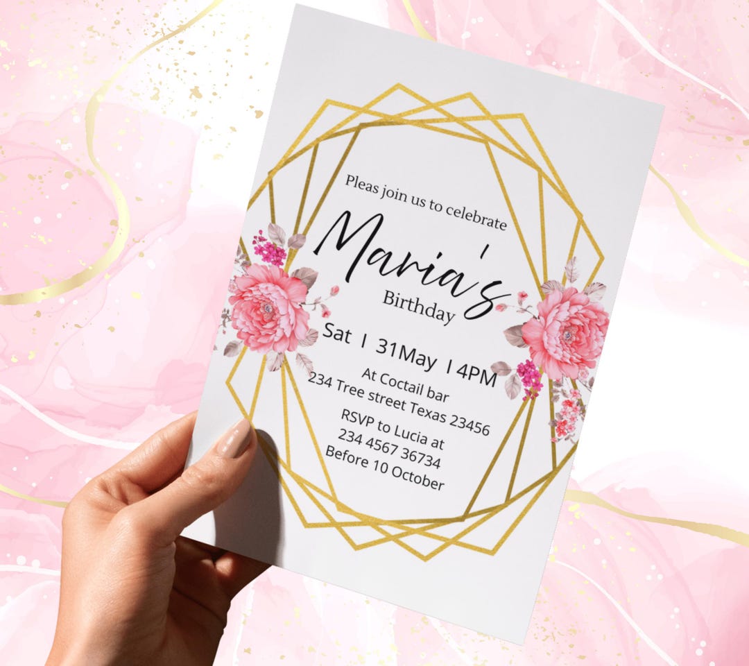 Floral Birthday Invitation, Elegant Gold Frame (canva Editable, Digital ...