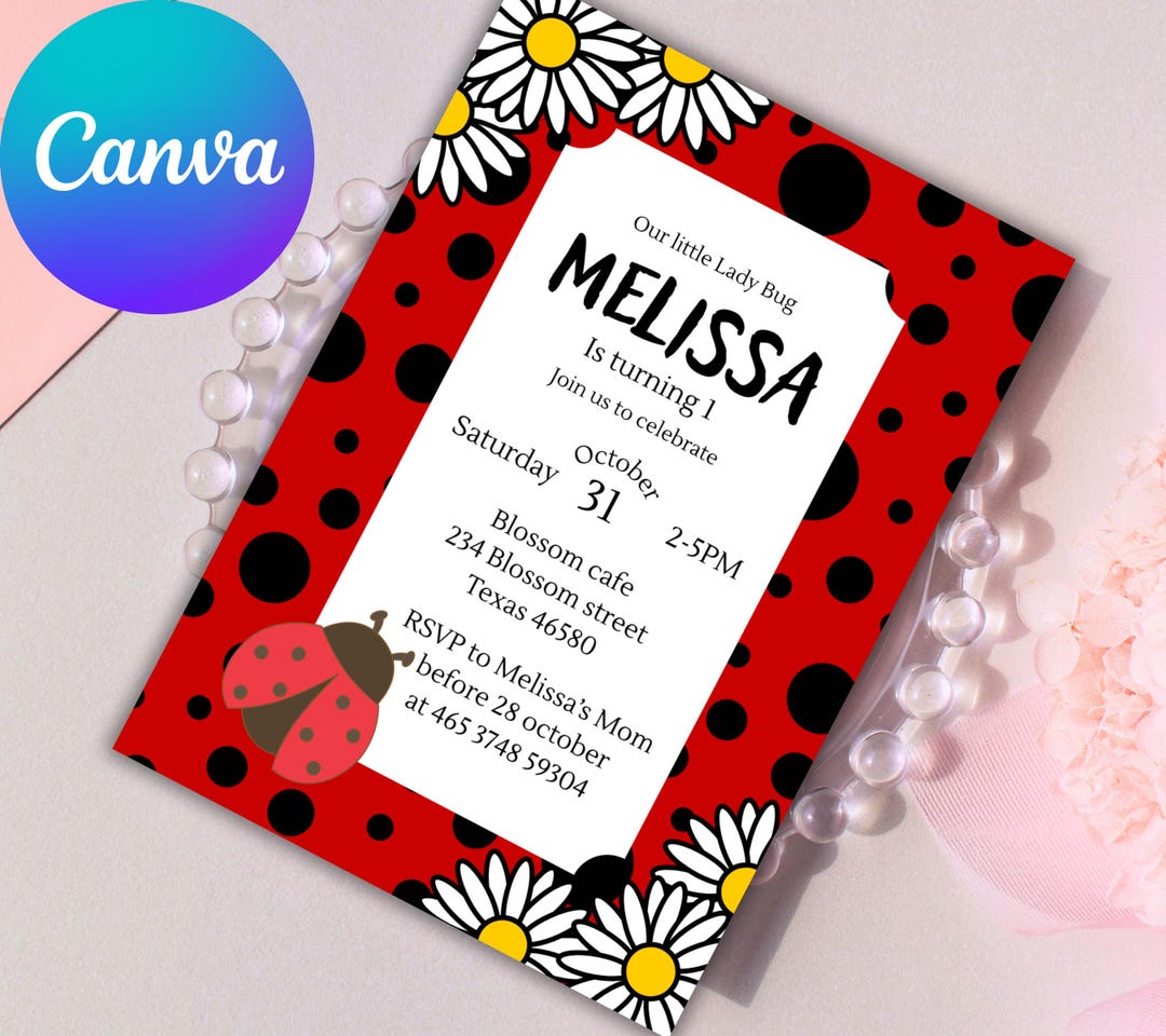 Ladybug 1st Birthday Invitation Girl Editable Canva Template Cute Red ...
