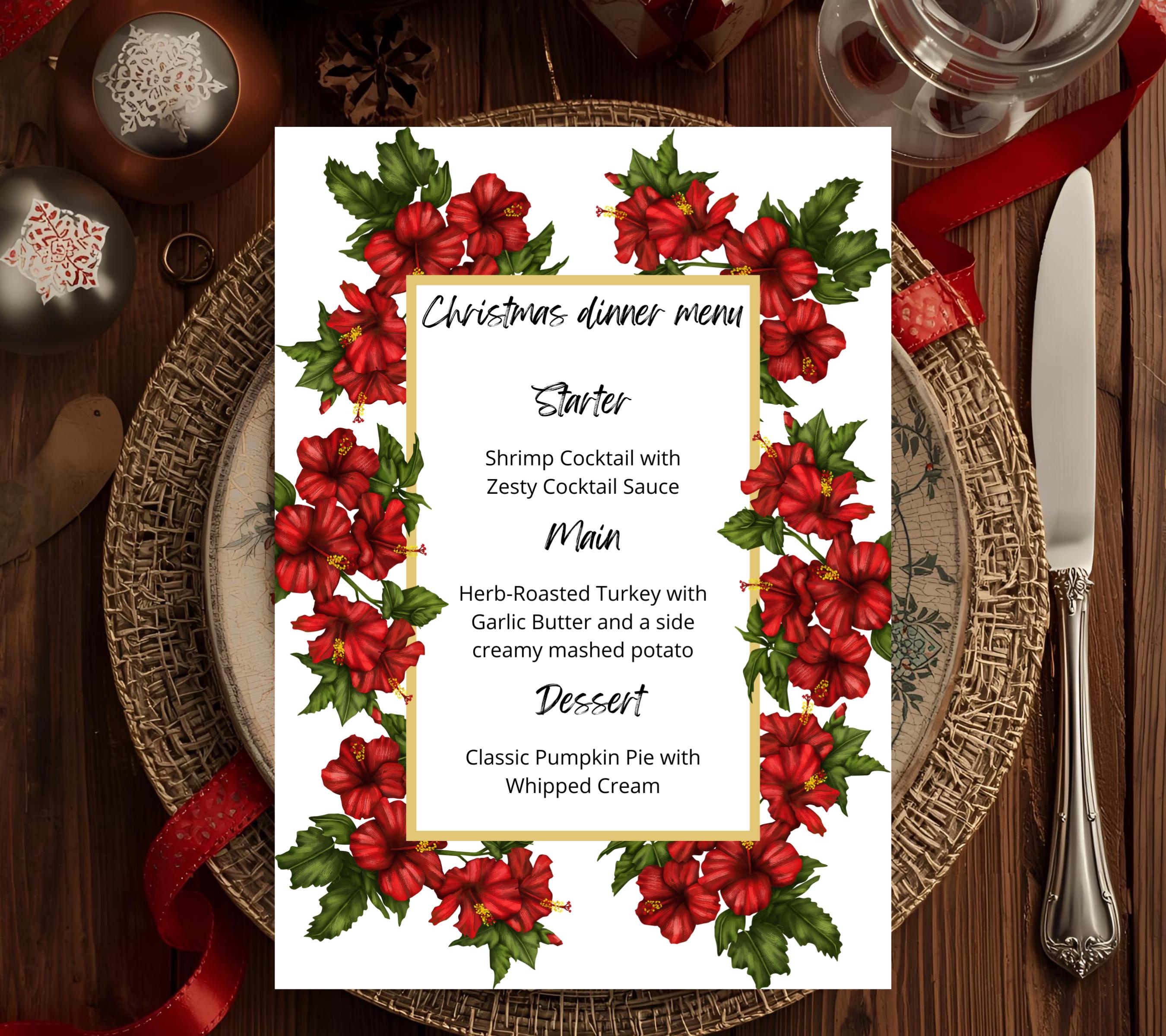 Editable Christmas Dinner Menu: Red Floral Gold Border (5x7 Printable ...