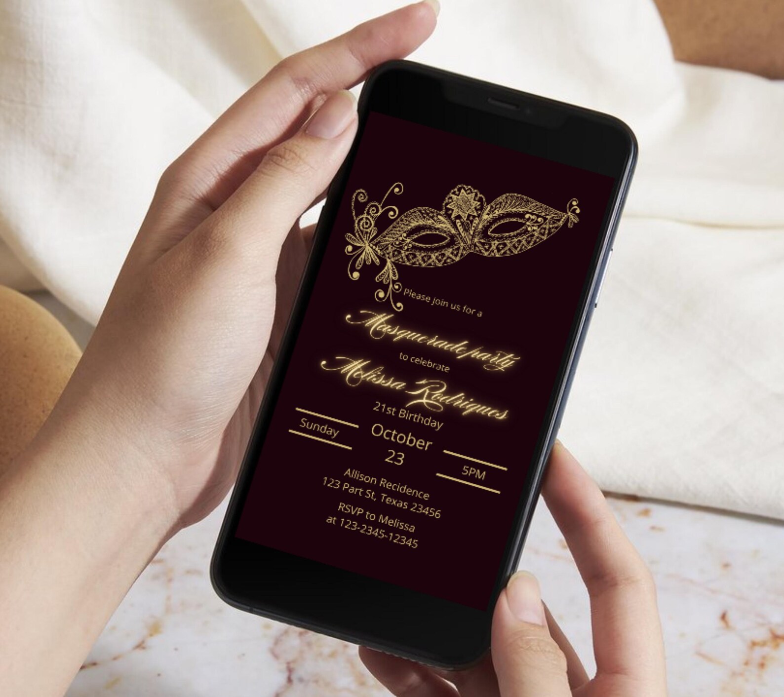 Black Gold Masquerade Phone Invitation Elegant Birthday Party Digital ...