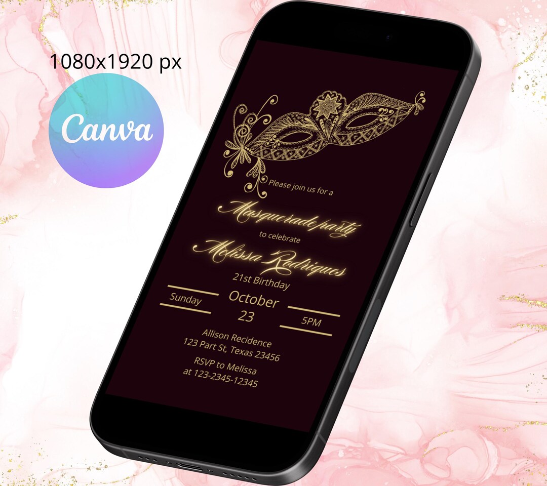 Black Gold Masquerade Phone Invitation Elegant Birthday Party Digital ...