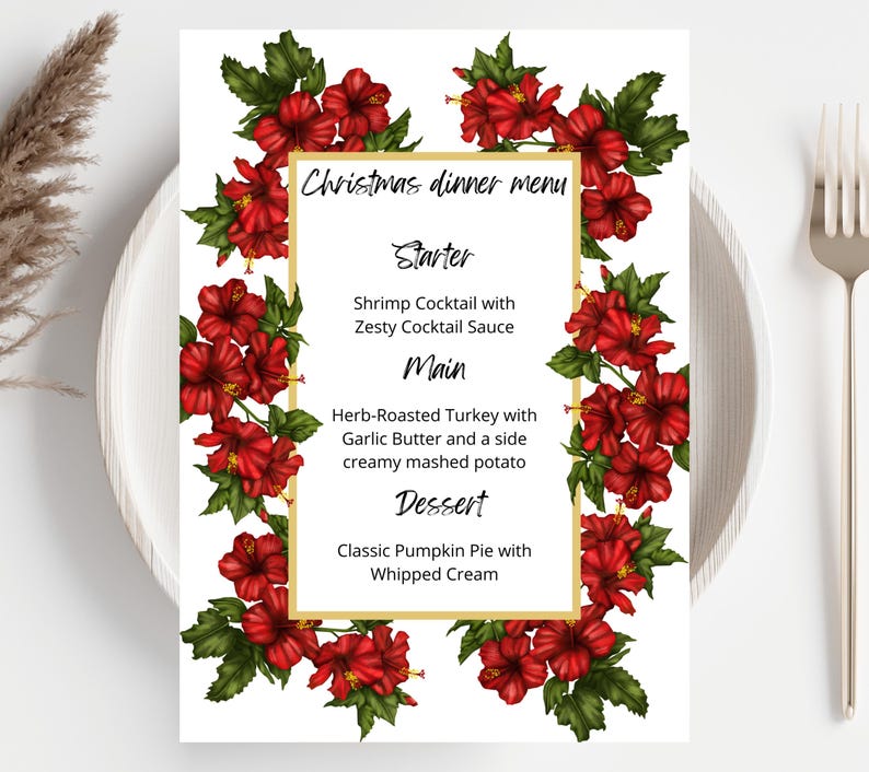 Editable Christmas Dinner Menu: Red Floral Gold Border (5x7 Printable ...