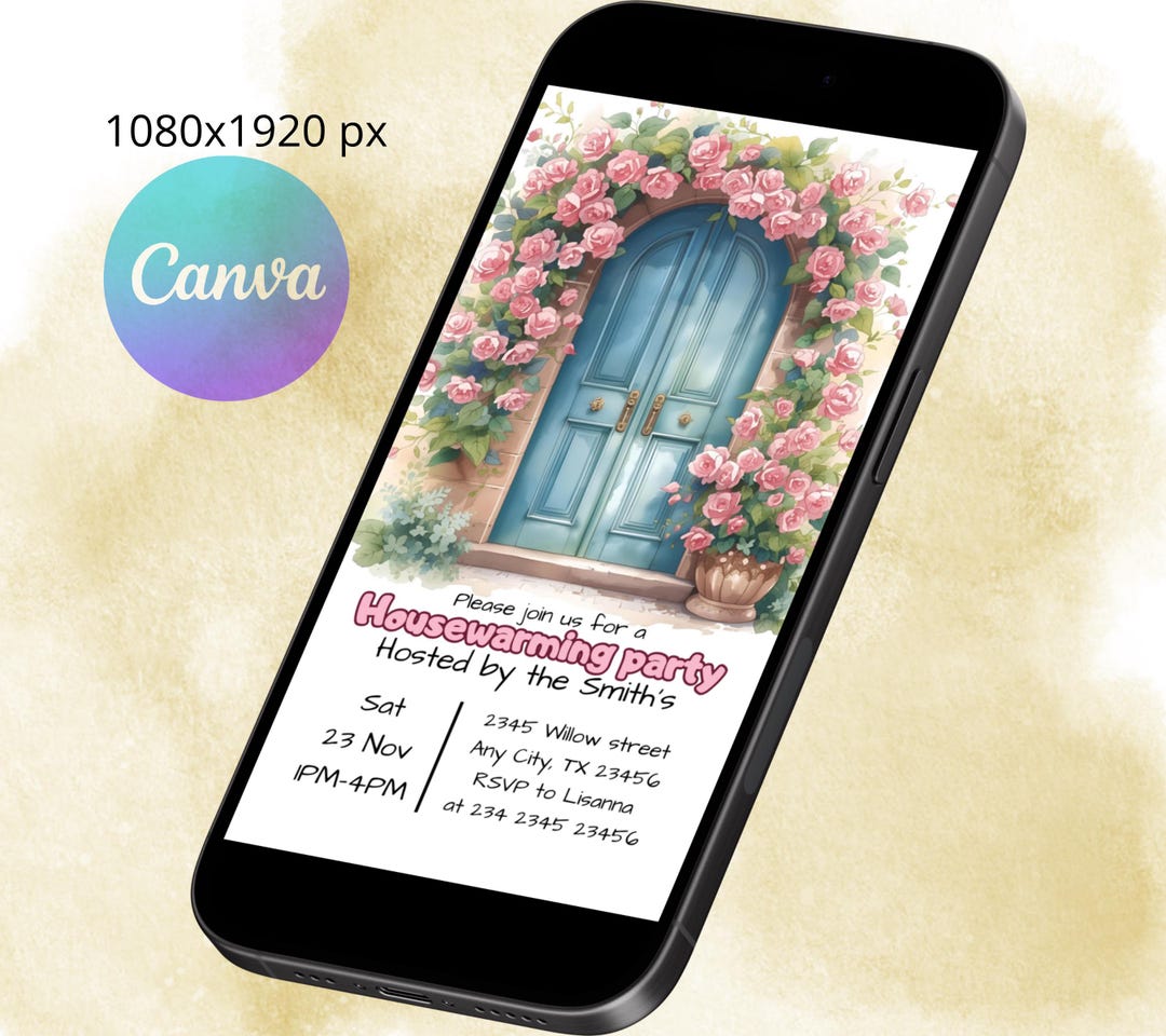 Housewarming Party Phone Invitation | Editable Canva Template | Floral ...