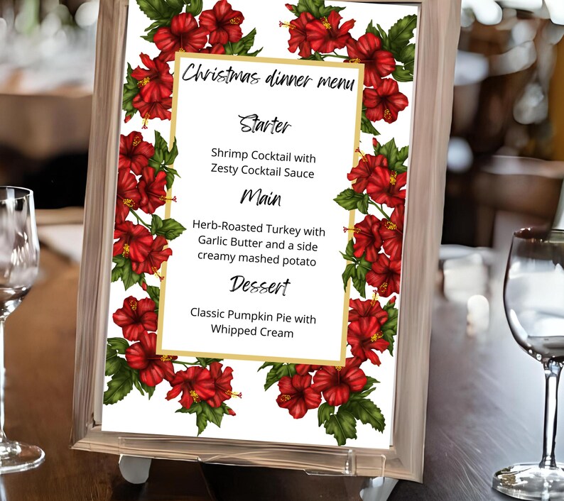 Editable Christmas Dinner Menu: Red Floral Gold Border (5x7 Printable ...