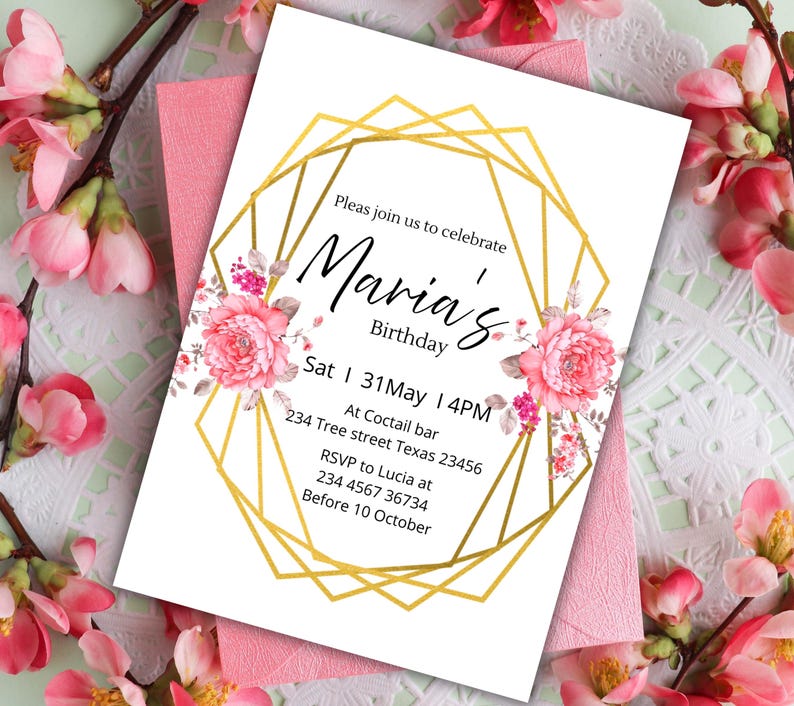 Floral Birthday Invitation, Elegant Gold Frame (canva Editable, Digital ...