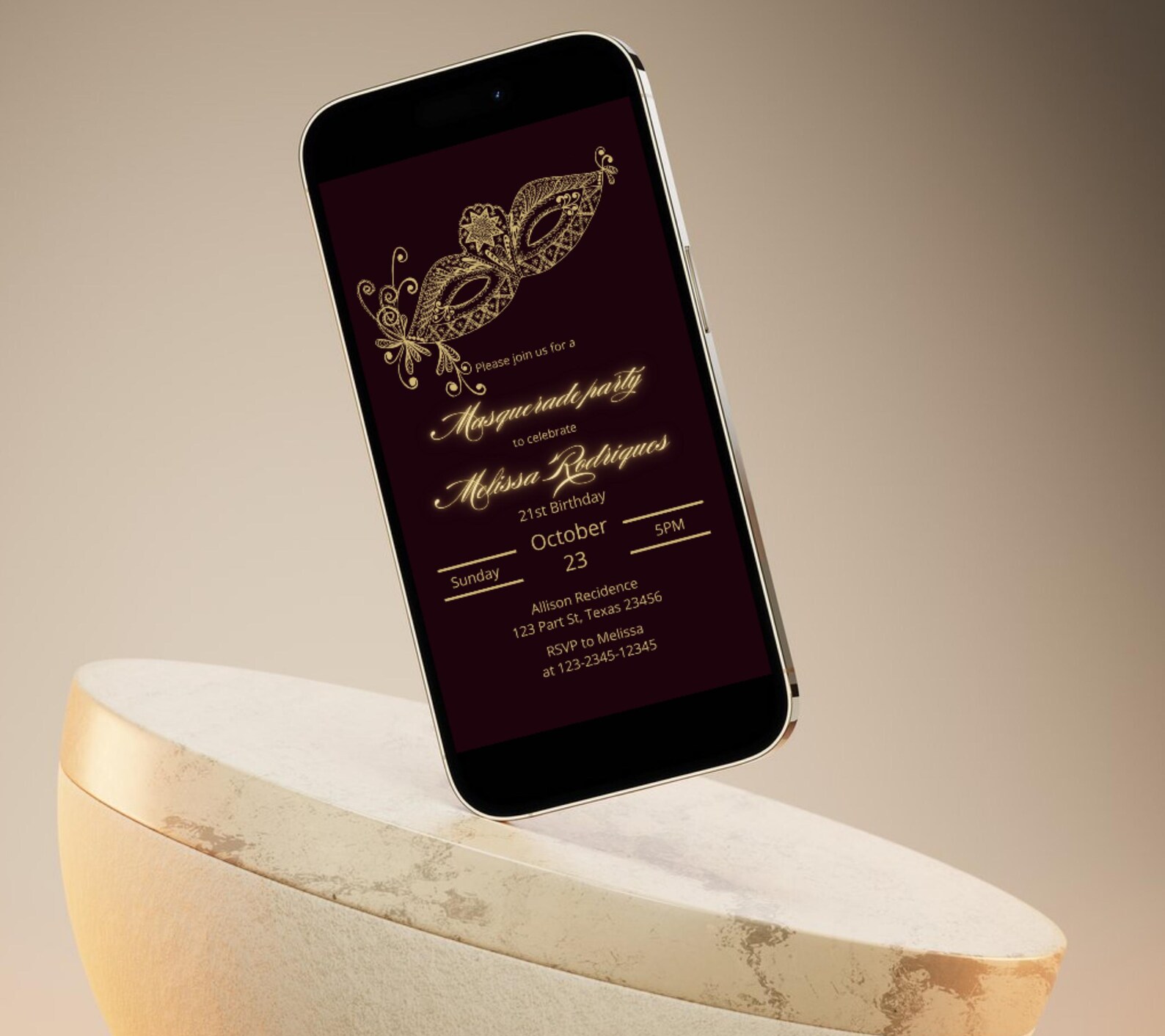Black Gold Masquerade Phone Invitation Elegant Birthday Party Digital ...