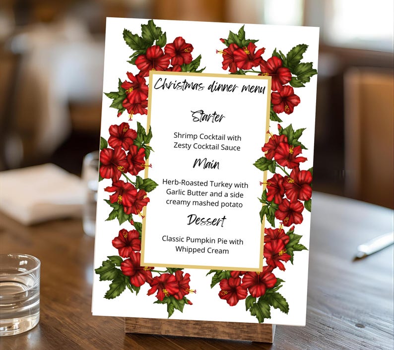 Editable Christmas Dinner Menu: Red Floral Gold Border (5x7 Printable ...