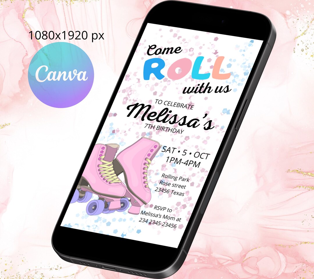 Roller Skating Birthday Invitation: Pink Skates, Digital Phone Invite ...