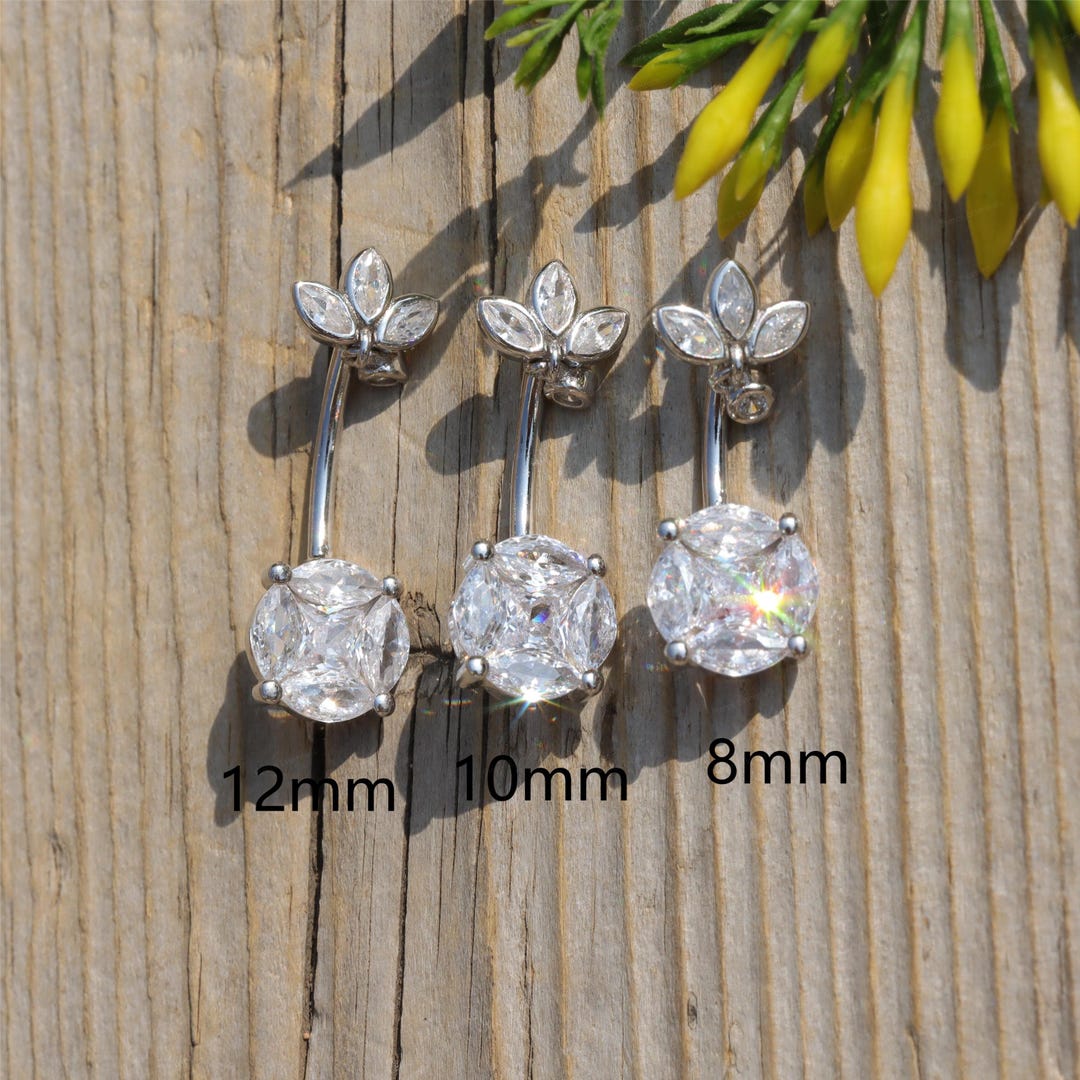 14G Sterling Silver Round CZ Belly Button Ring - Clear CZ 8mm 10mm 12mm ...