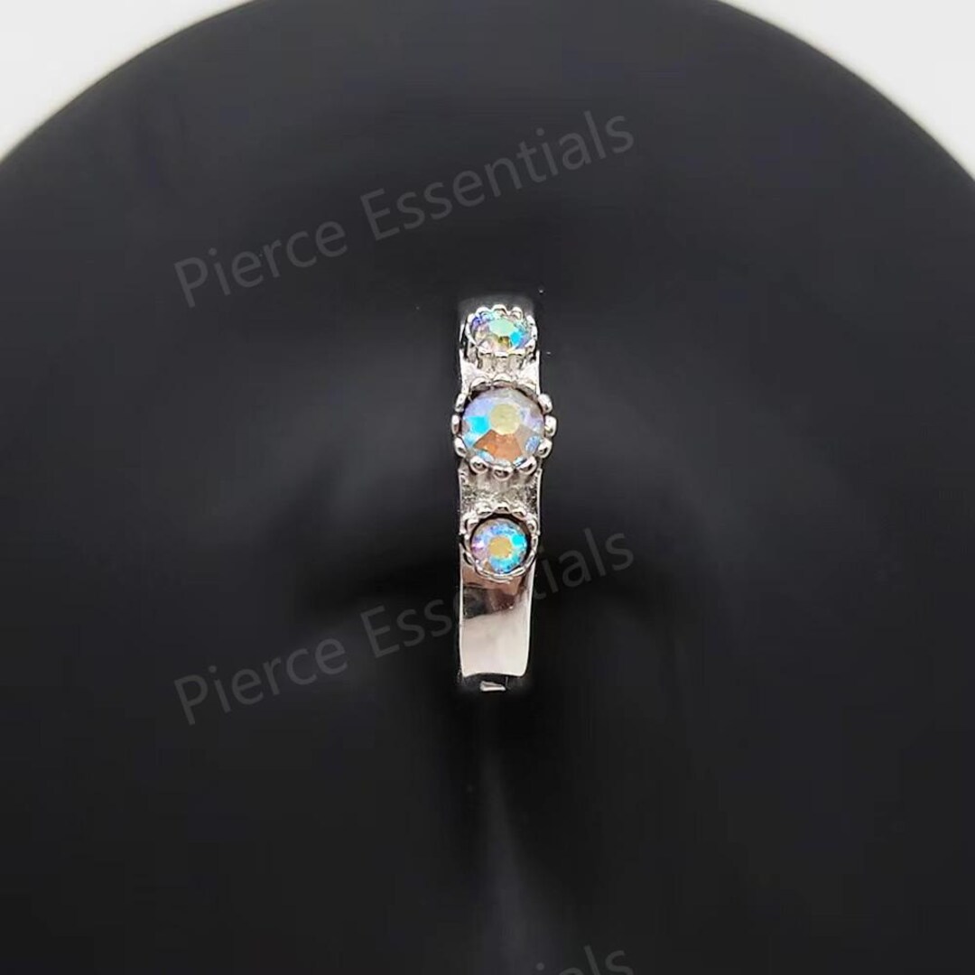 14G Sterling Silver Triple CZ Belly Button Clicker - S925 10mm Navel Belly Hoop Belly Clip Ring ...