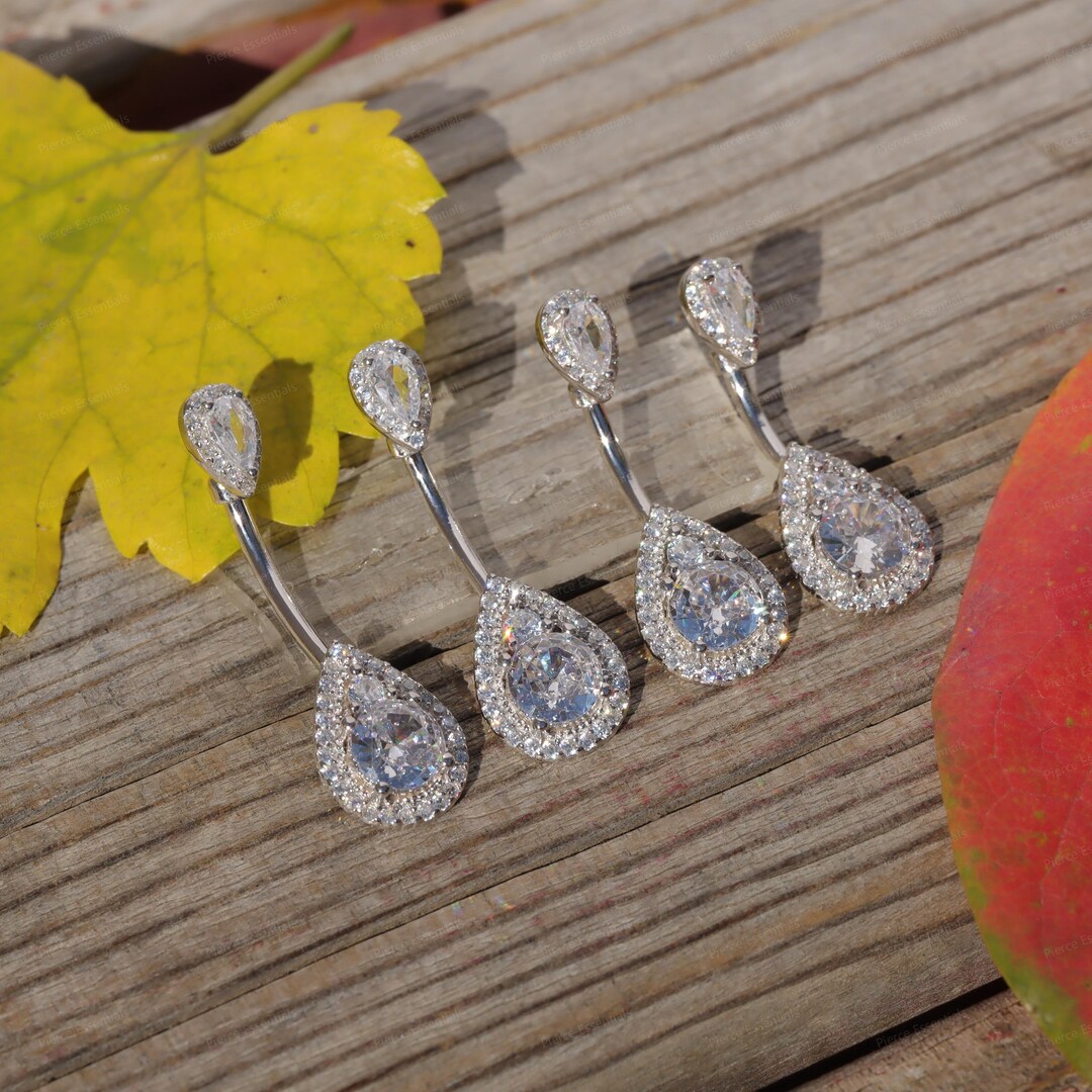 14G Sterling Silver Water Drop Belly Button Ring Clear CZ 6mm to 12mm Navel Body Piercing ...