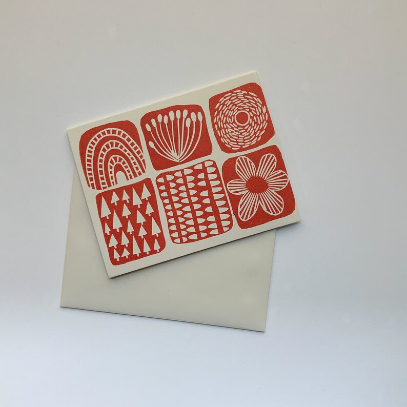 Red Shapes Card-hand Printed Hand Stamped Greeting Card-linoleum Cut ...