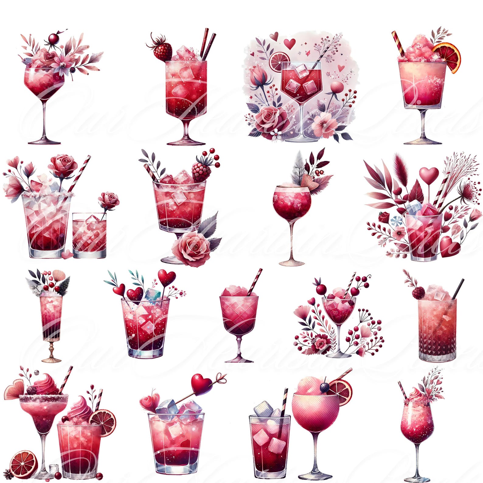 Ladies Cocktail Drinks Clipart Bundle 17 PNG Maroon & Pink Valentines ...