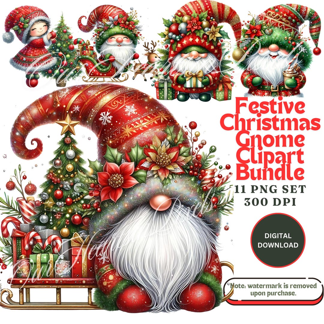 Festive Christmas Gnomes Clipart Bundle 11 PNG 300 DPI | Holiday Gnome ...