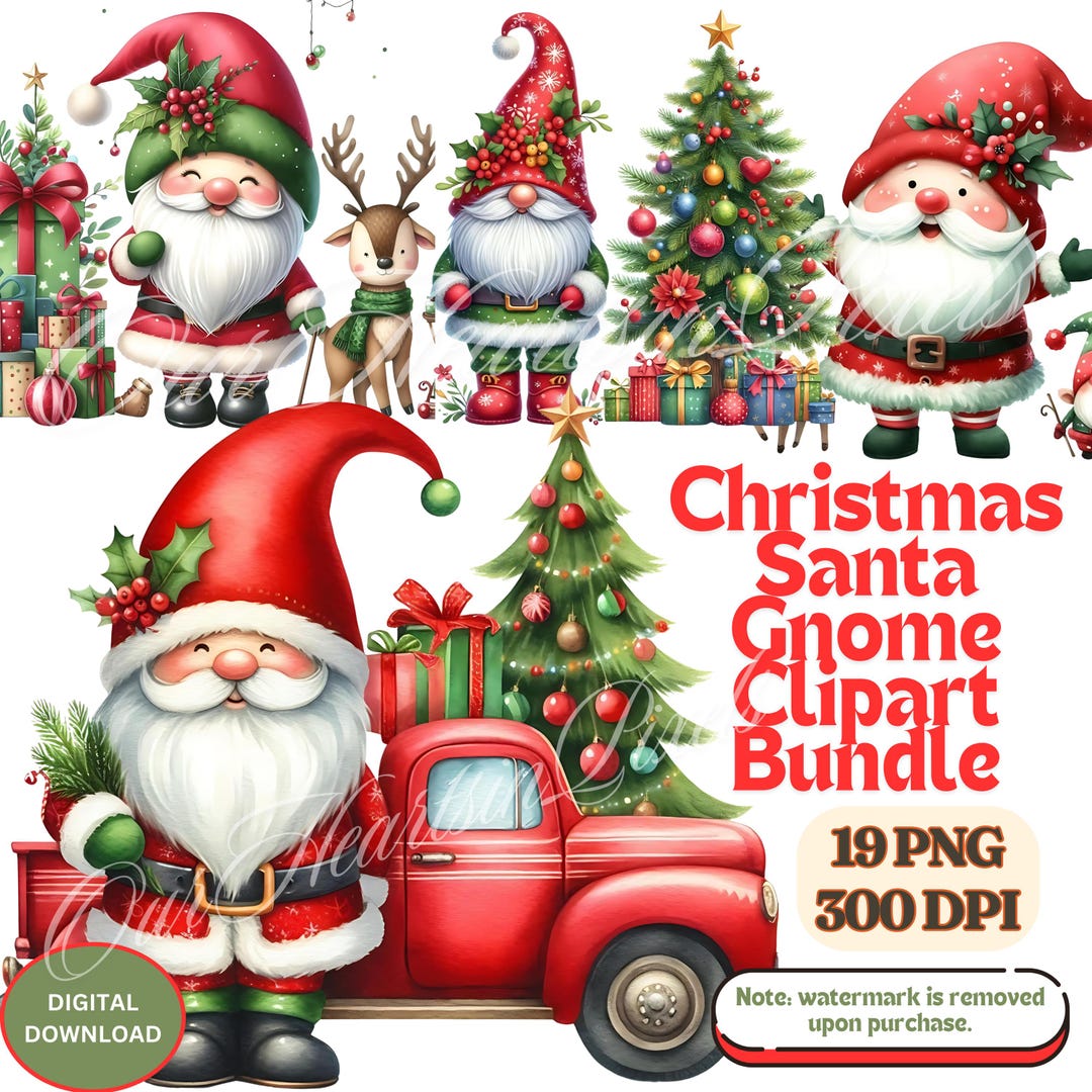 Christmas Santa Gnome Clipart Bundle 19 PNG 300 DPI Holiday Clipart ...