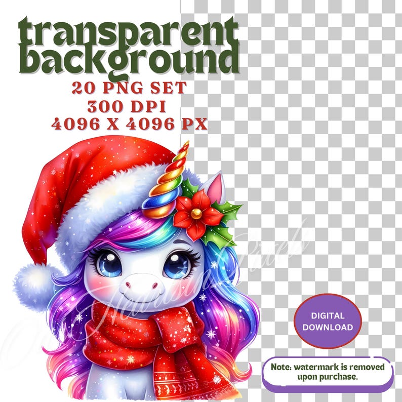 Cute Christmas Unicorn Clipart Bundle 20 PNG Adorable Holiday Designs ...