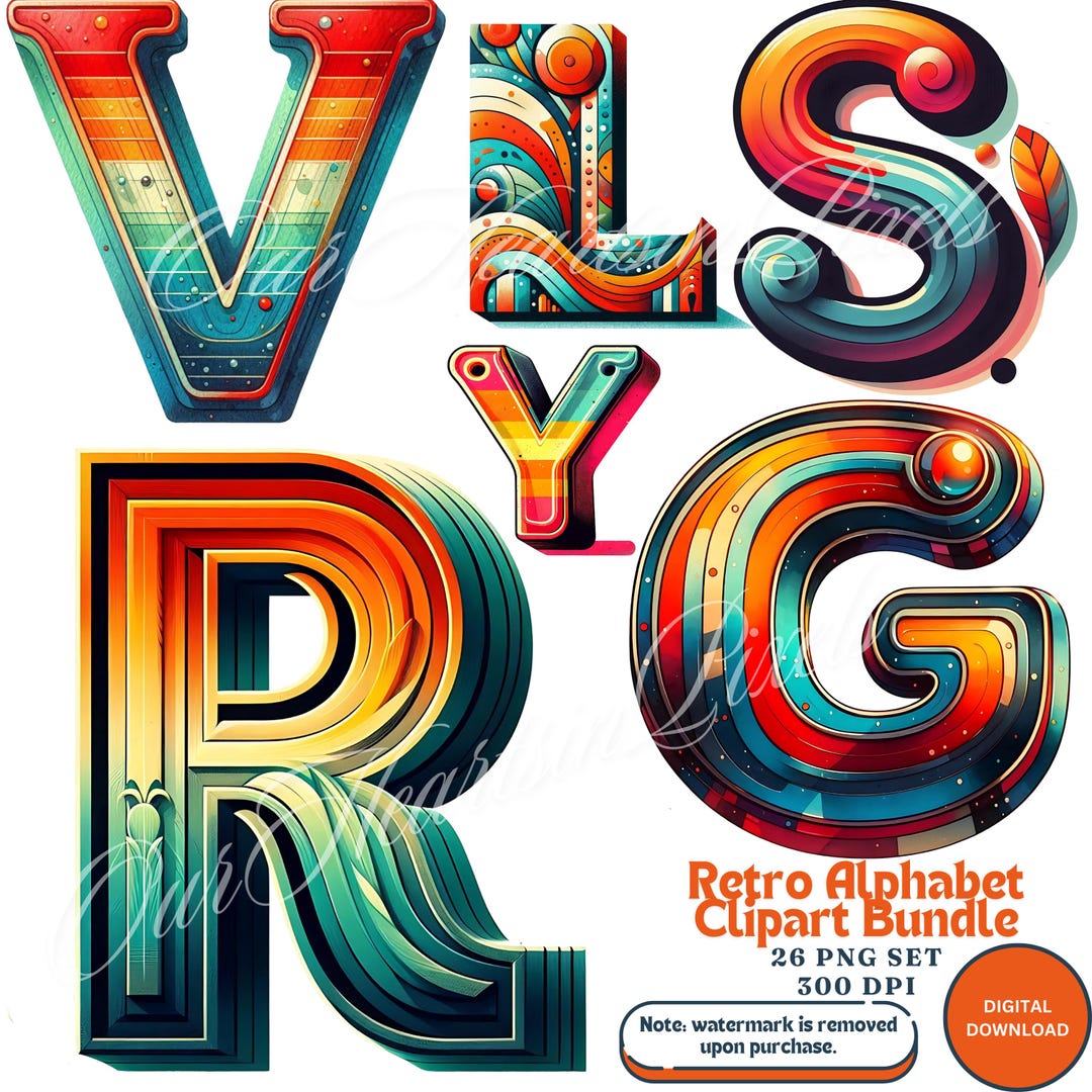 Retro Alphabet Clipart Bundle 26 PNG | Vintage Lettering & Groovy Font ...