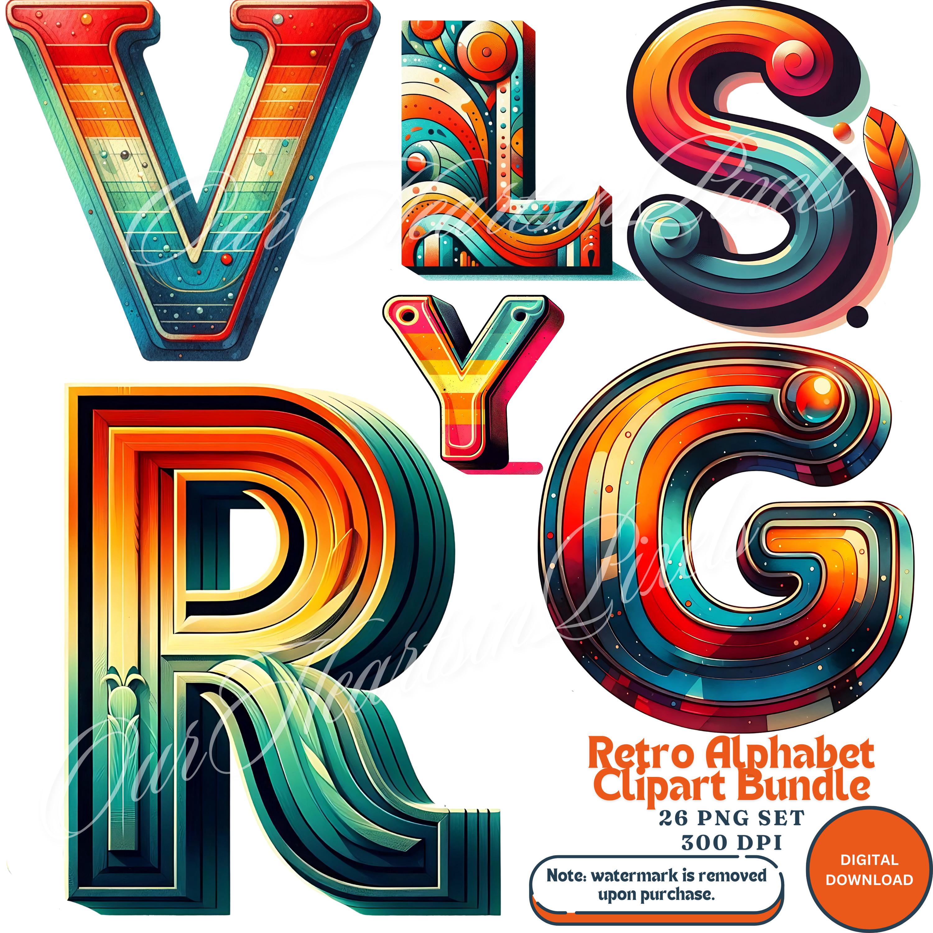 Retro Alphabet Clipart Bundle 26 PNG | Vintage Lettering & Groovy Font ...