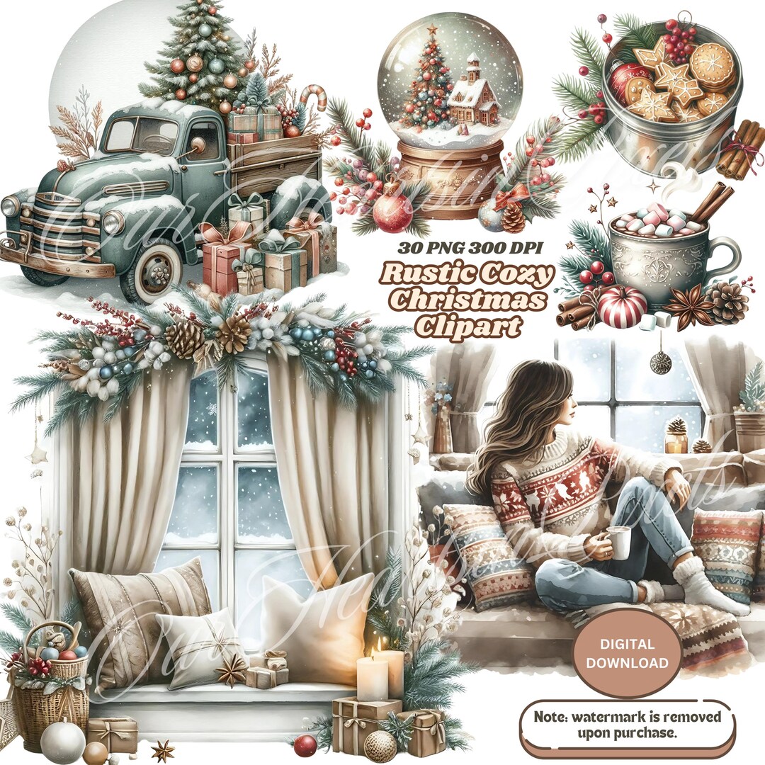 Rustic Cozy Christmas Clipart Bundle 30 PNG | Warm & Whimsical Holiday ...