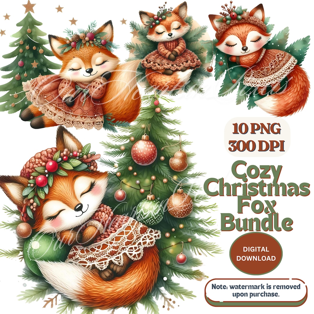 Christmas Fox Clipart Bundle 10 PNG 300 DPI Fox Christmas Watercolor ...