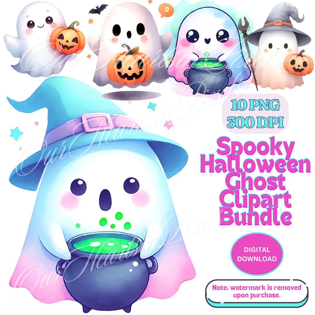 Cute Spooky Halloween Ghost Clipart Bundle 10 PNG 300 DPI Spooky Season ...
