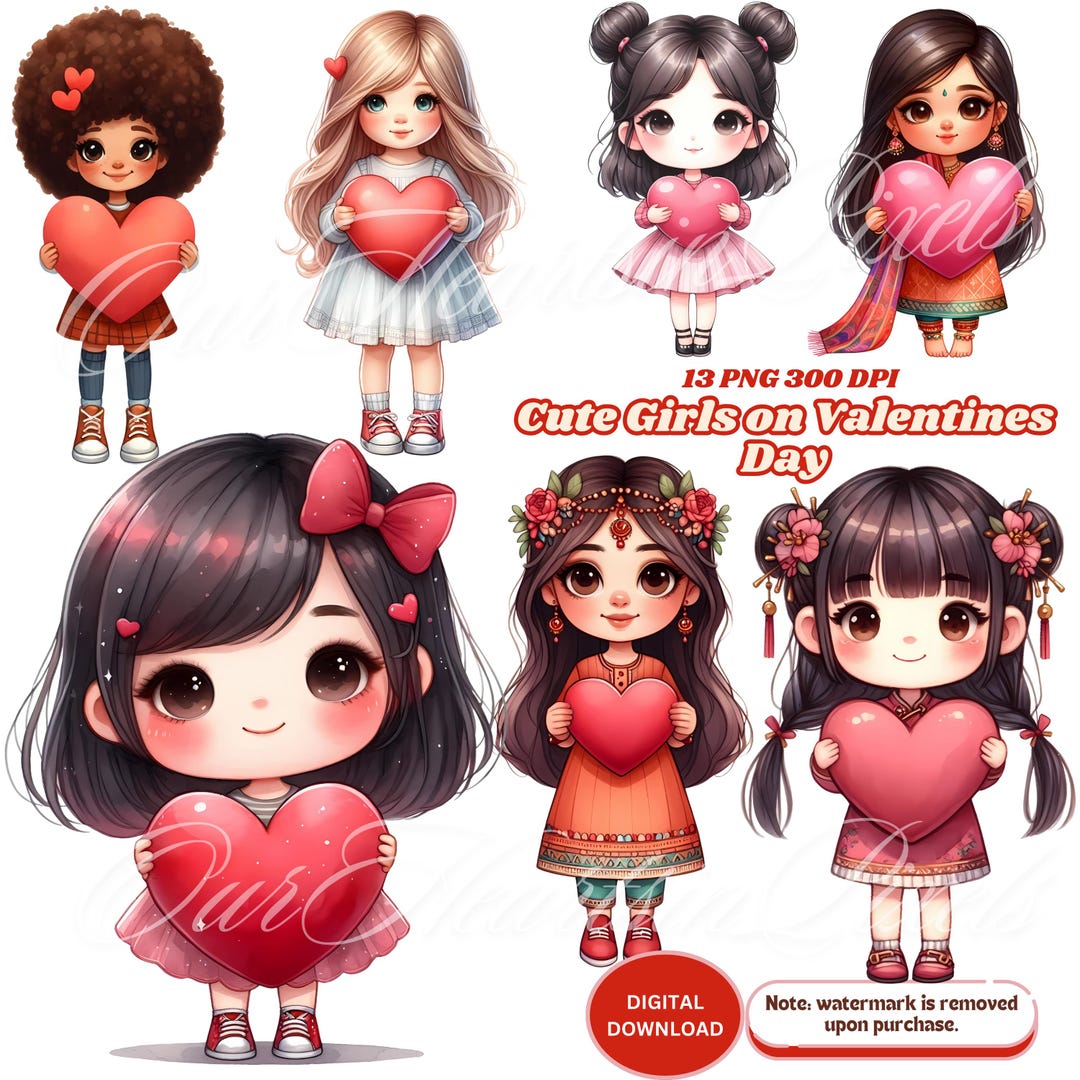 Cute Girls on Valentine’s Day Clipart Bundle | Diverse Love-themed ...
