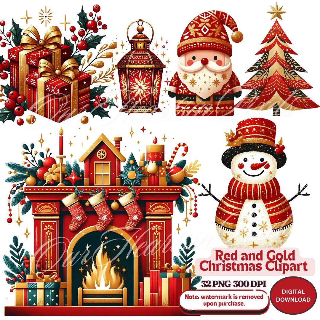 Red and Gold Christmas Clipart Bundle 32 PNG Classic Holiday Designs ...