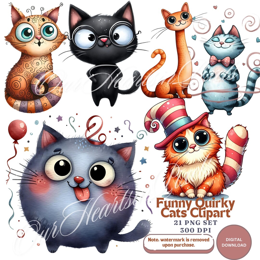 Funny Quirky Cats Clipart Bundle Playful Cat Illustrations for T-shirts ...