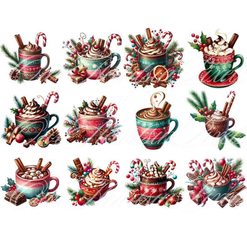 Christmas Hot Chocolate Clipart Bundle 12 PNG | Cozy Holiday Beverage ...