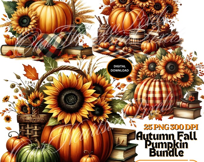 Autumn Pumpkin Clipart Set With Sunflower 25 PNG Fall Clipart Autumn ...
