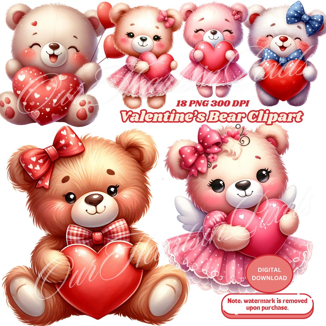 Valentine's Teddy Bear With Heart Clipart Bundle 18 PNG Adorable Love ...