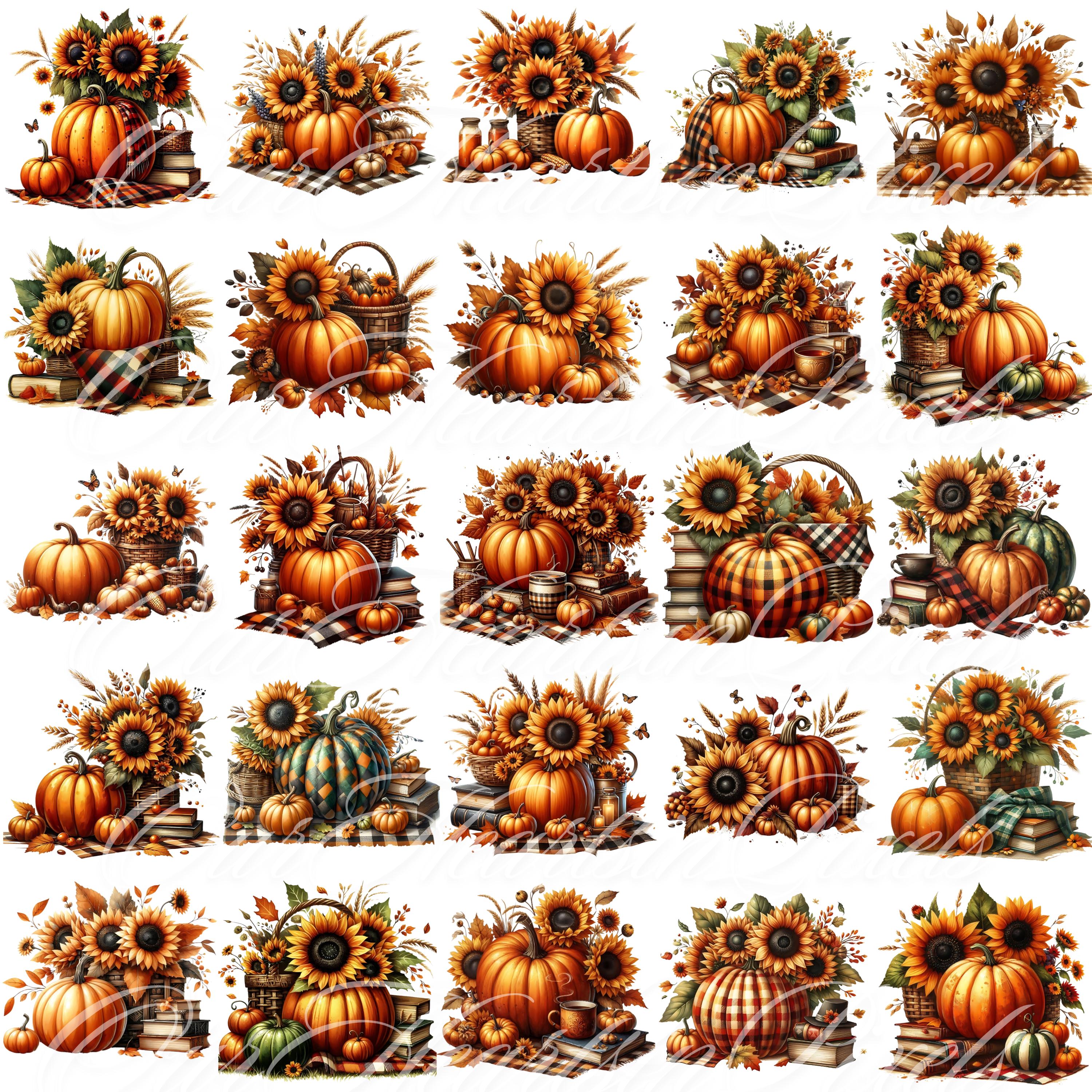 Autumn Pumpkin Clipart Set With Sunflower | 25 PNG Fall Clipart ...