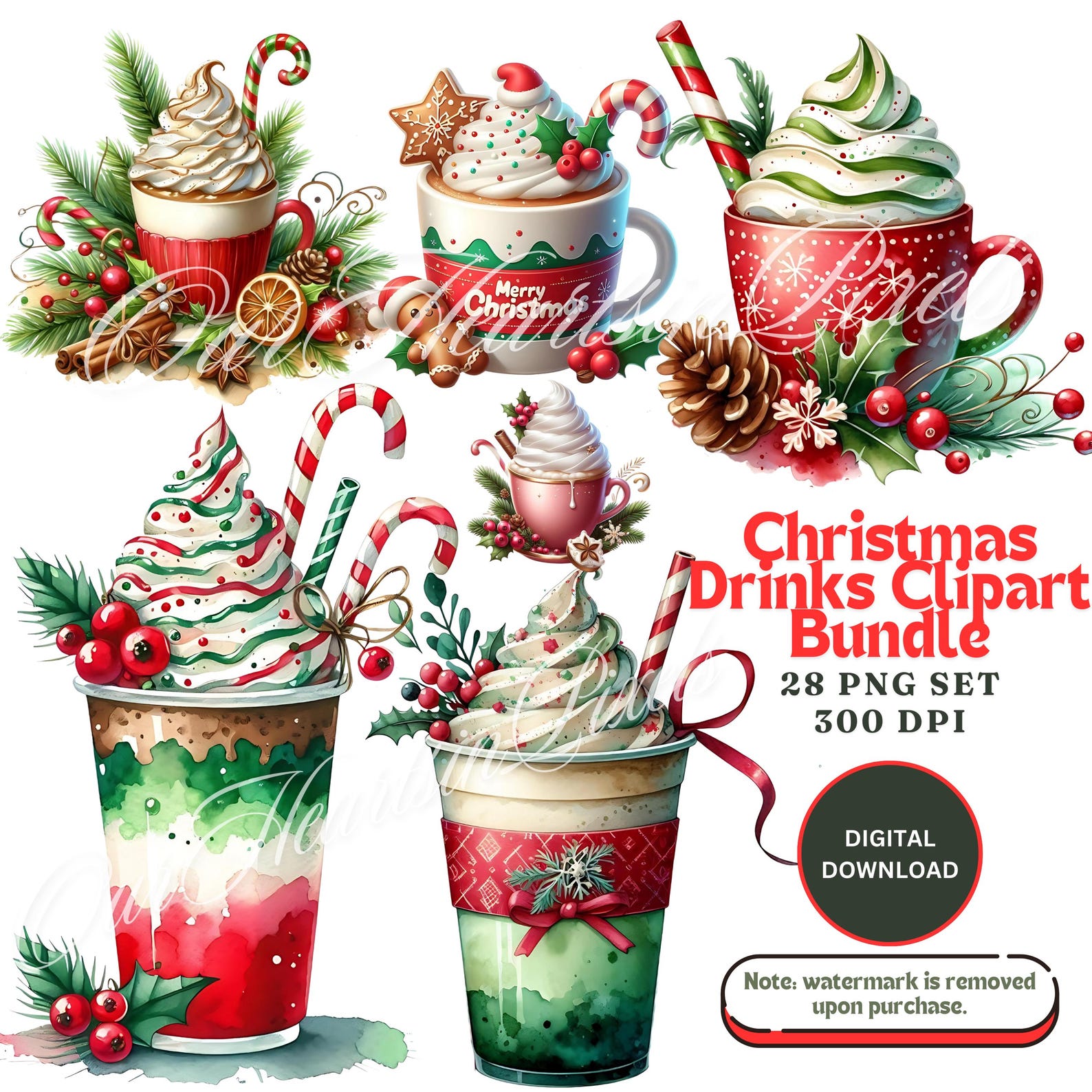 Christmas Drinks Clipart Bundle 28 PNG | Hot Chocolate, Coffee, Frappe ...