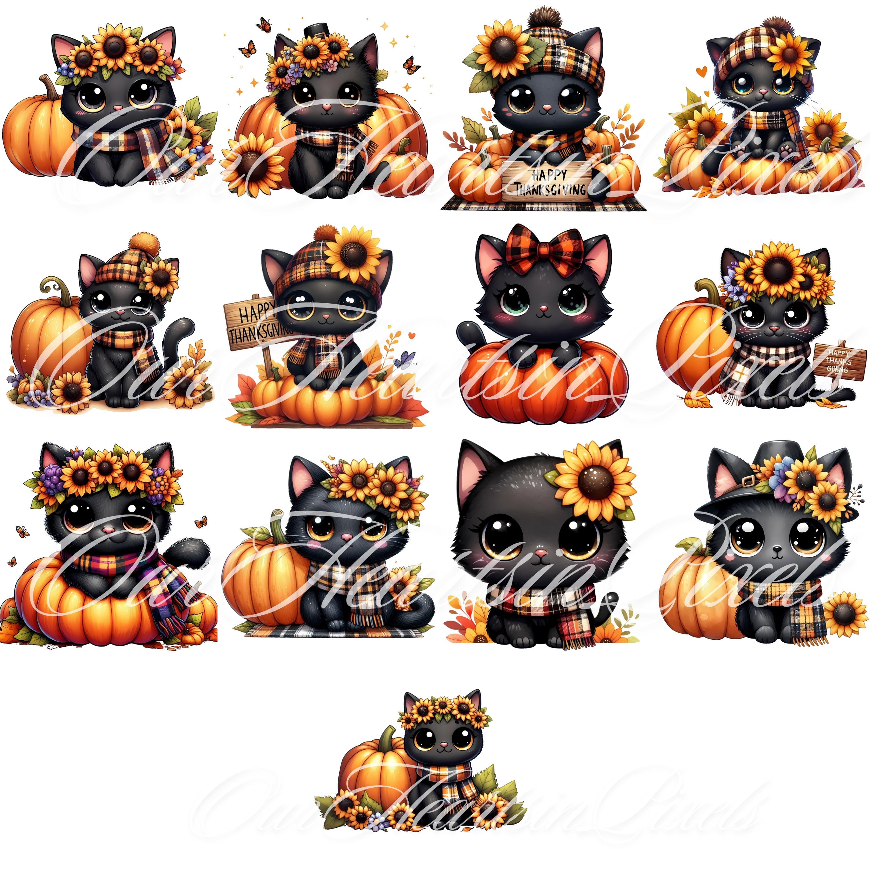 Fall Pumpkin With Kawaii Black Cat PNG Thanksgiving Autumn Fall Clipart ...