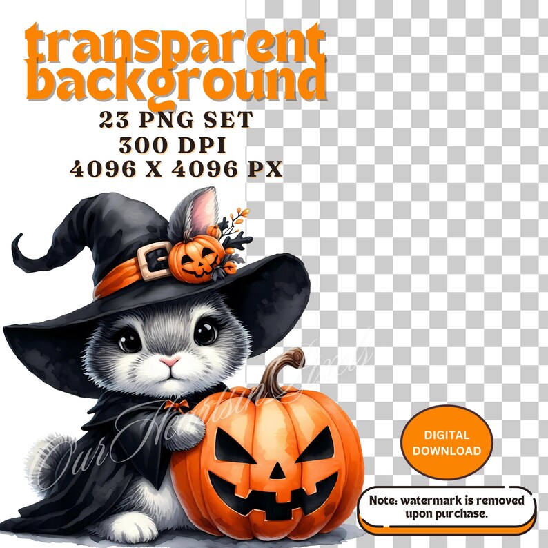 Adorable Halloween Bunny Clipart 23 PNG 300 DPI Kawaii Spooky Bunny in ...
