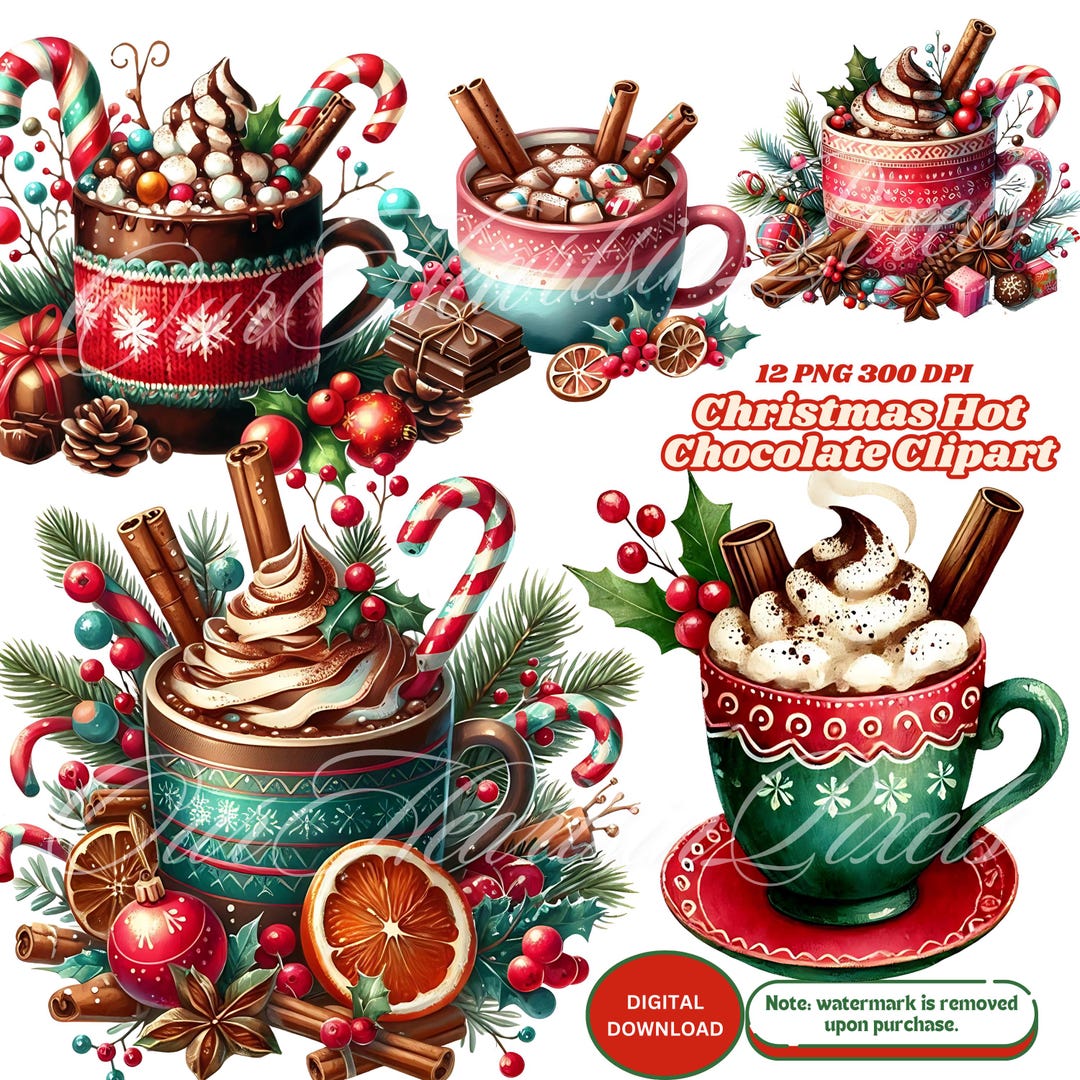 Christmas Hot Chocolate Clipart Bundle 12 PNG | Cozy Holiday Beverage ...