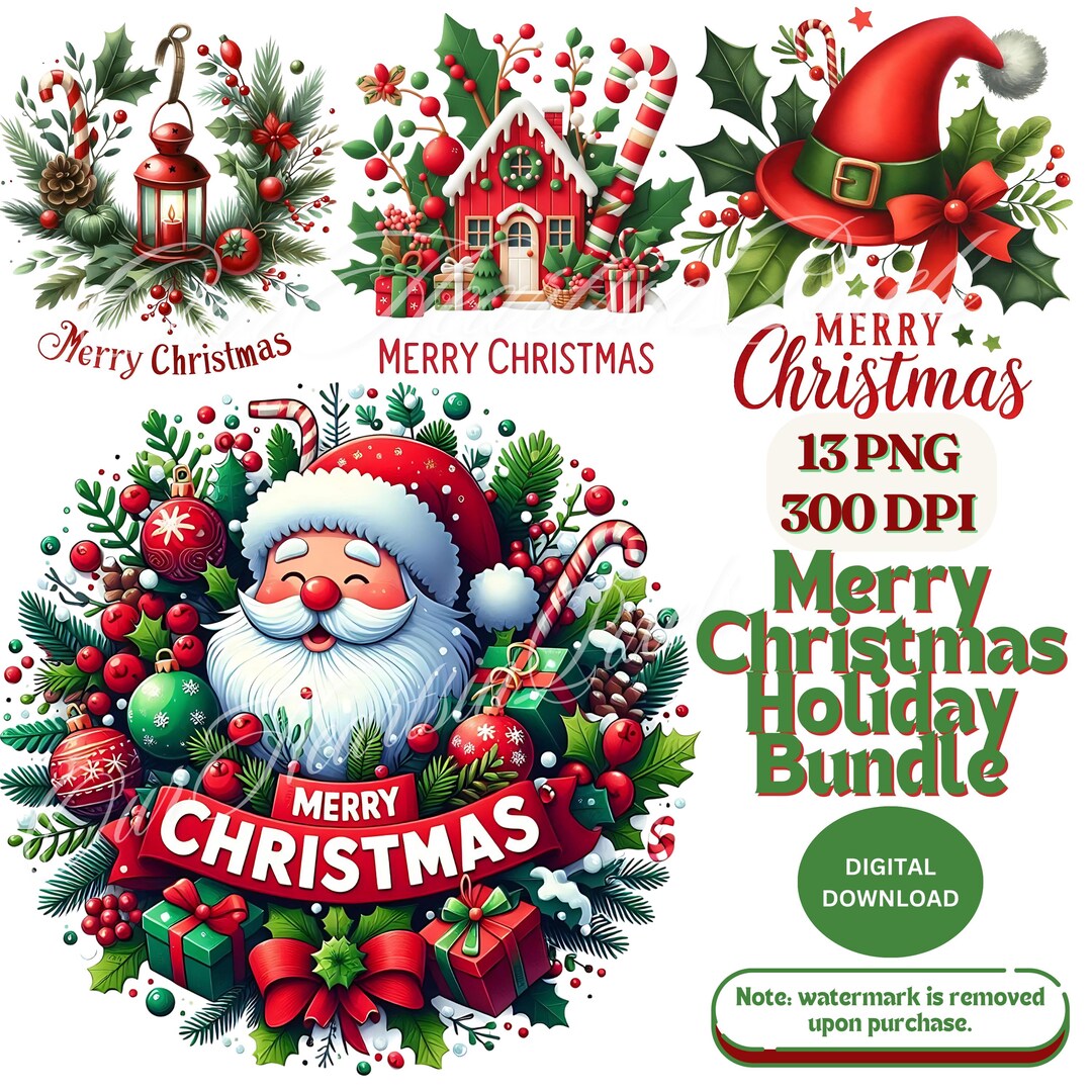 Christmas Clipart Bundle 13 PNG 300DPI Watercolor Clipart Festive PNG ...