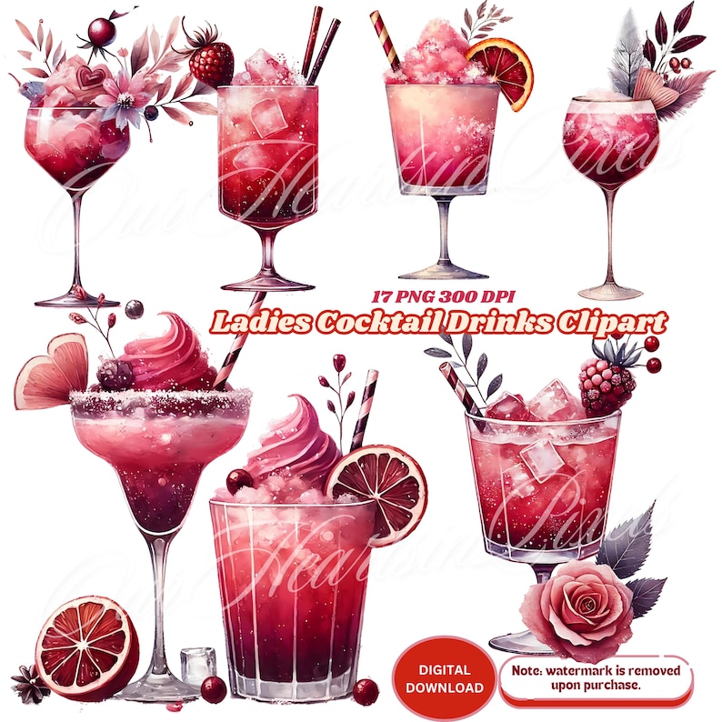 Ladies Cocktail Drinks Clipart Bundle 17 PNG Maroon & Pink Valentines ...