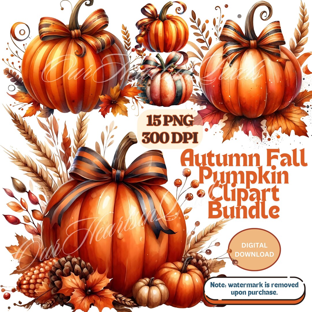 Autumn Fall Pumpkin Clipart Bundle 15 PNG 300 DPI Autumnal Clipart ...