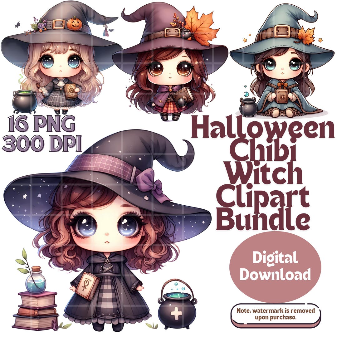 Halloween Chibi Witch Clipart Bundle Set of 16 PNG 300 DPI Halloween ...