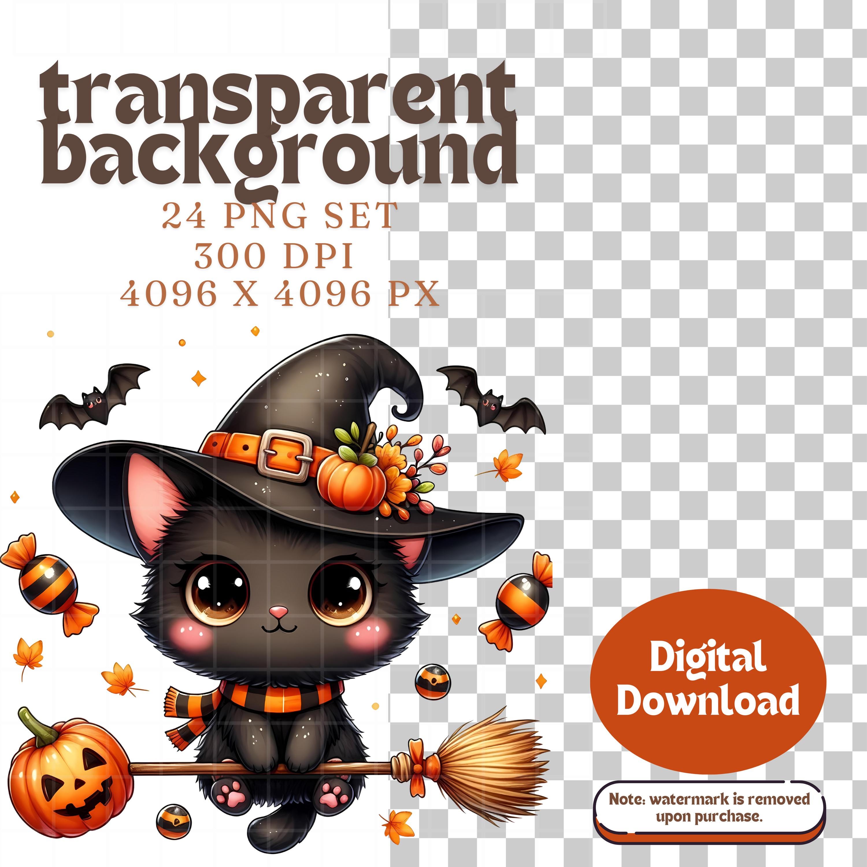 Halloween Kawaii Black Cat Witch Clipart Bundle of 24 PNG 300DPI Spooky ...