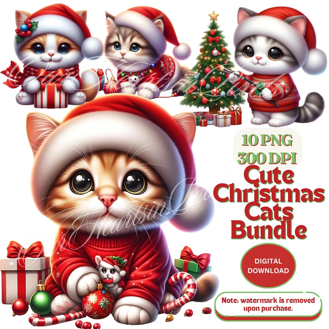 Cute Christmas Cats Clipart Bundle 10 PNG 300 DPI Holiday Clipart ...