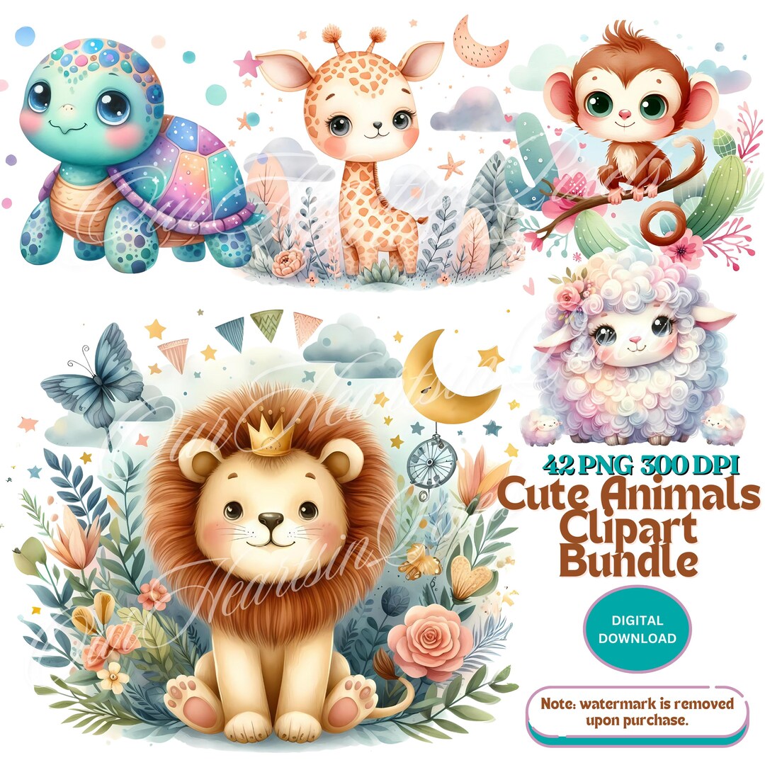 Cute Animals Clipart Bundle 42 PNG Cute Safari Watercolor Animals PNG ...
