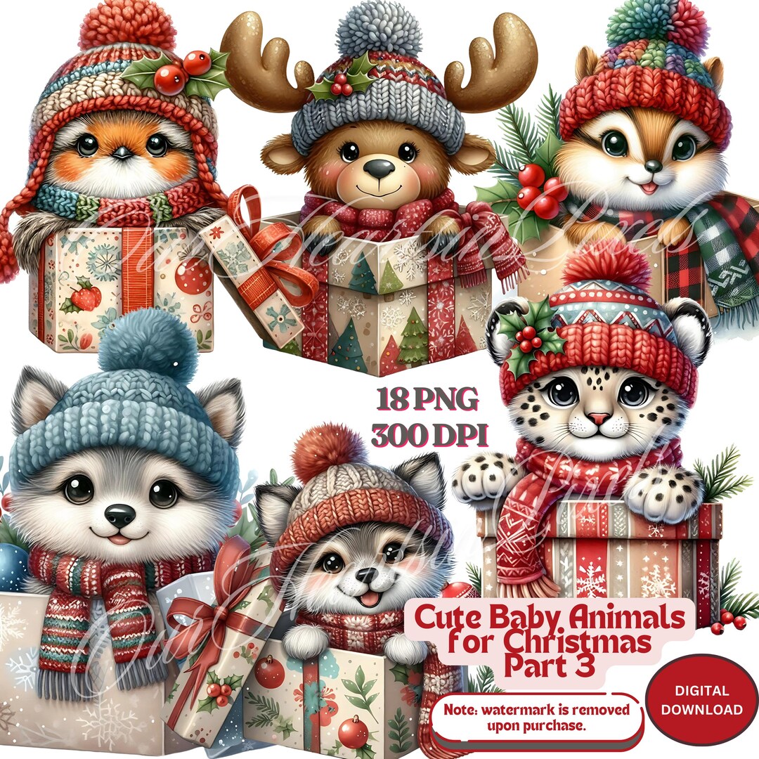 Christmas Baby Animals Clipart Bundle 18 PNG | Adorable Holiday Clip ...
