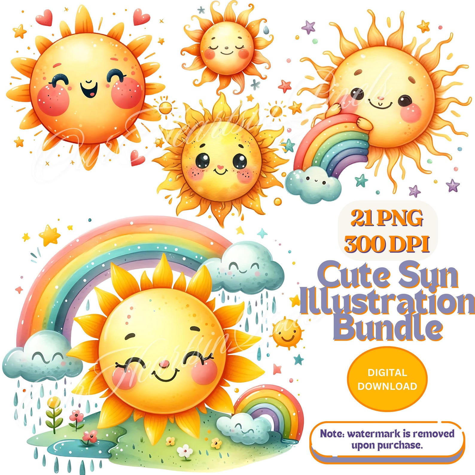 Cute Sun Clipart Bundle 21 PNG Water Color Clipart Happy Sun Kids ...