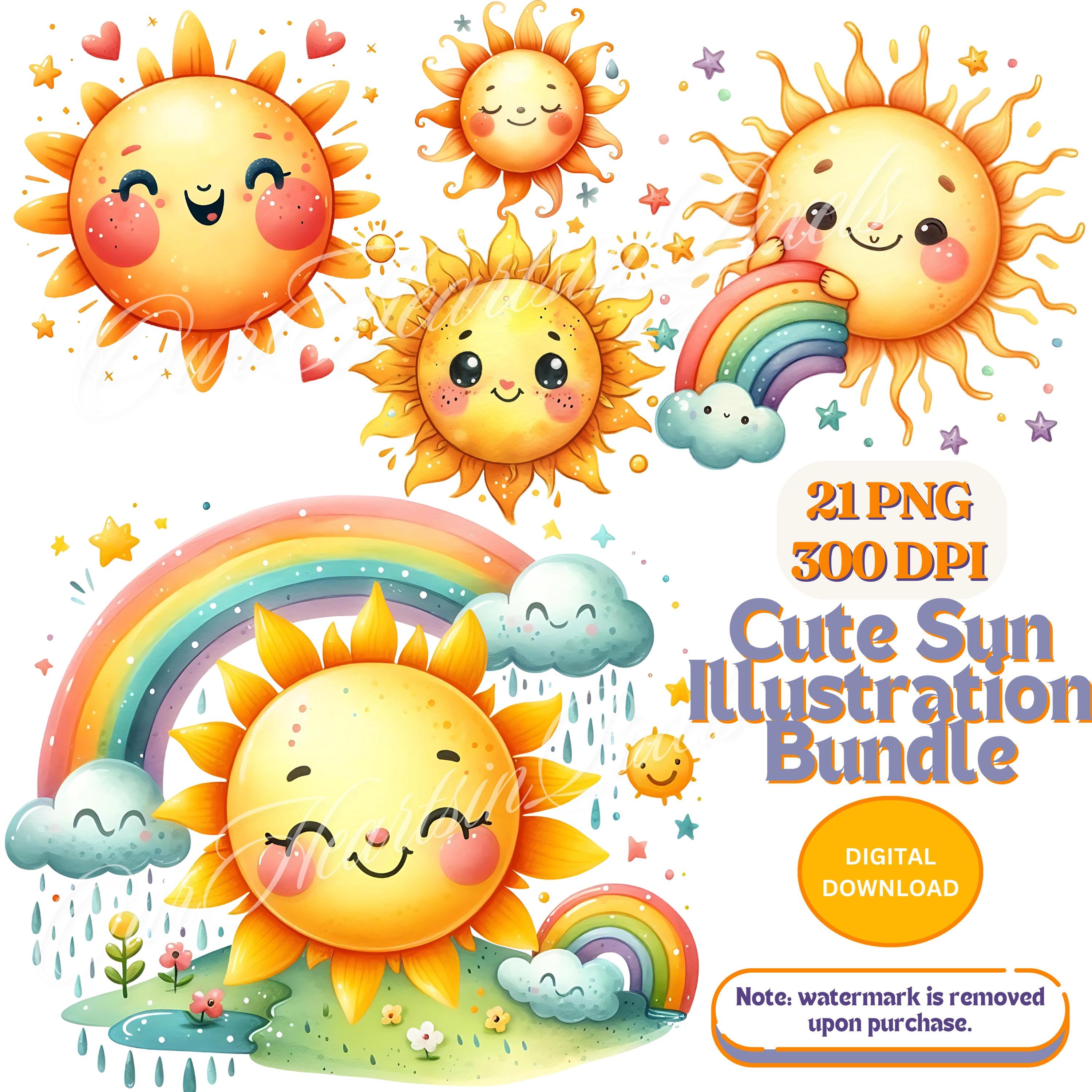 Cute Sun Clipart Bundle 21 PNG Water Color Clipart Happy Sun Kids ...